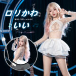 【予約】【SENMHS】セクシー アイドル風 コスプレ 衣装 3点セット 長袖メッシュトップス＋ミニスカート＋Tバック ステージ衣装 パフォーマンス ダンス衣装 ユニット風 コスチューム ...
